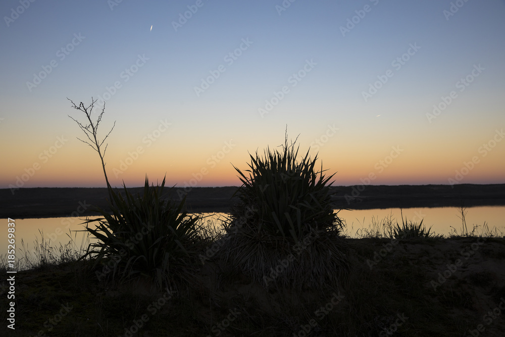 sunset with shy reflection in still water over nature reserve Casse de ...