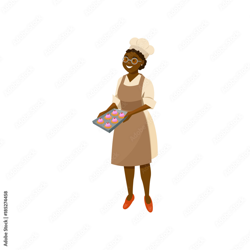 Cartoon lady cook holding tray with freshly baked cupcakes. Black woman ...