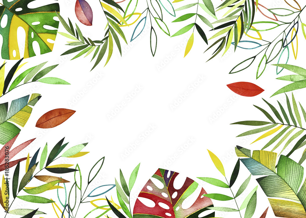 Watercolor tropic frame. Collection included colorful leaves and ...