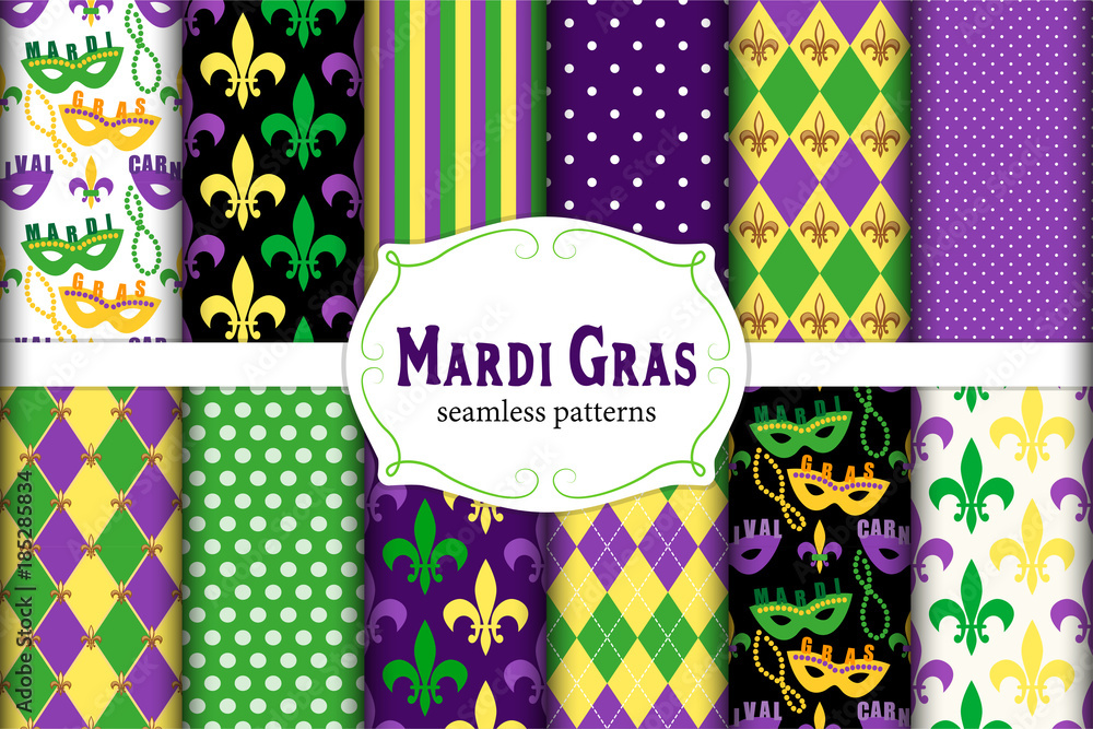 Cute set of 12 seamless Mardi Gras patterns in traditional colors Stock ...