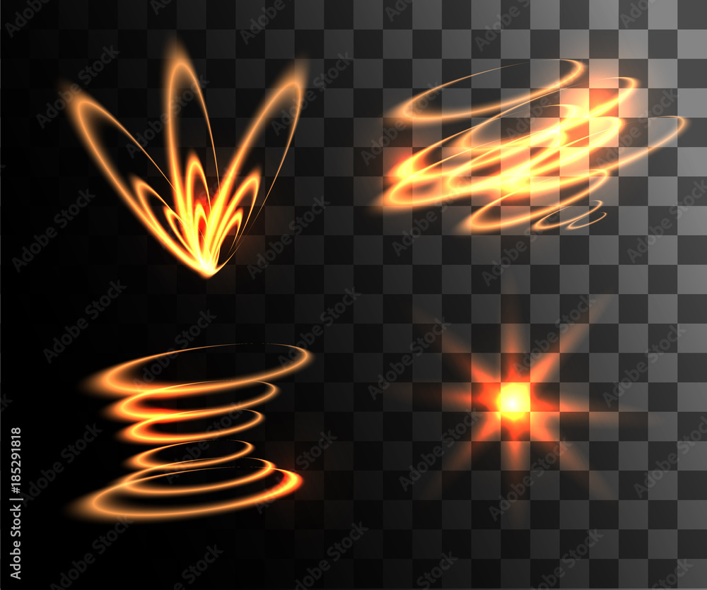 Set of golden vector light effects glowing light rings with particles ...