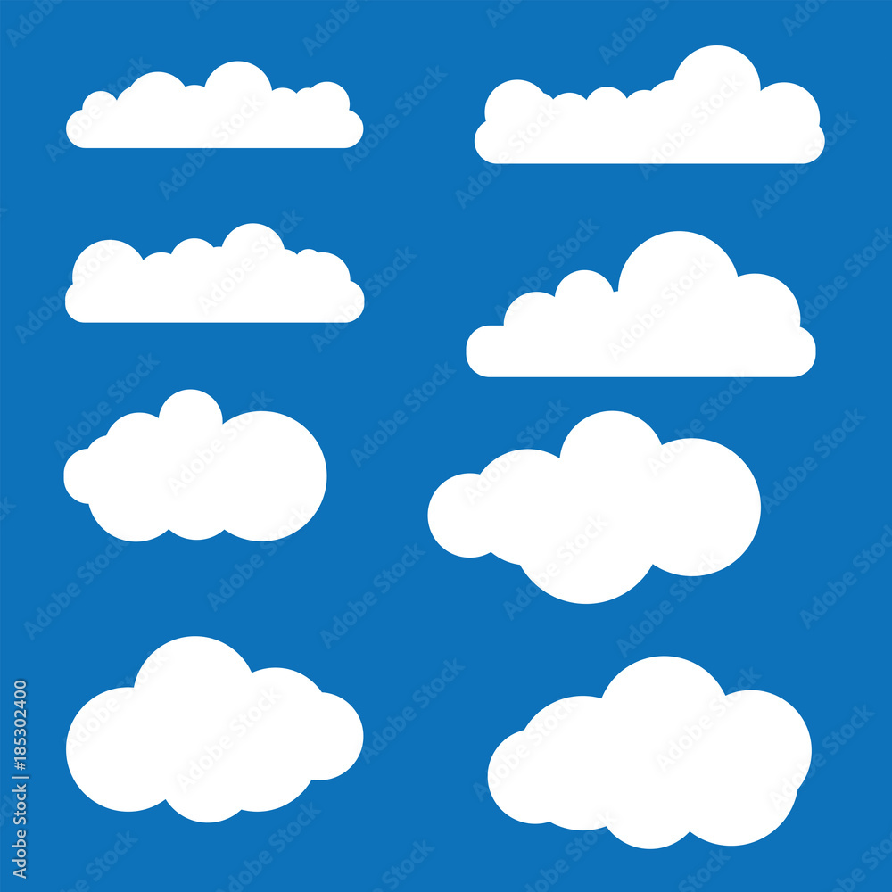 Cloud vector icon set white color on blue background. Sky flat ...