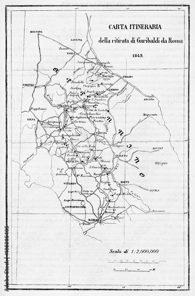 Old itinerary map of Garibaldi retreat from Rome. By E. Matania ...