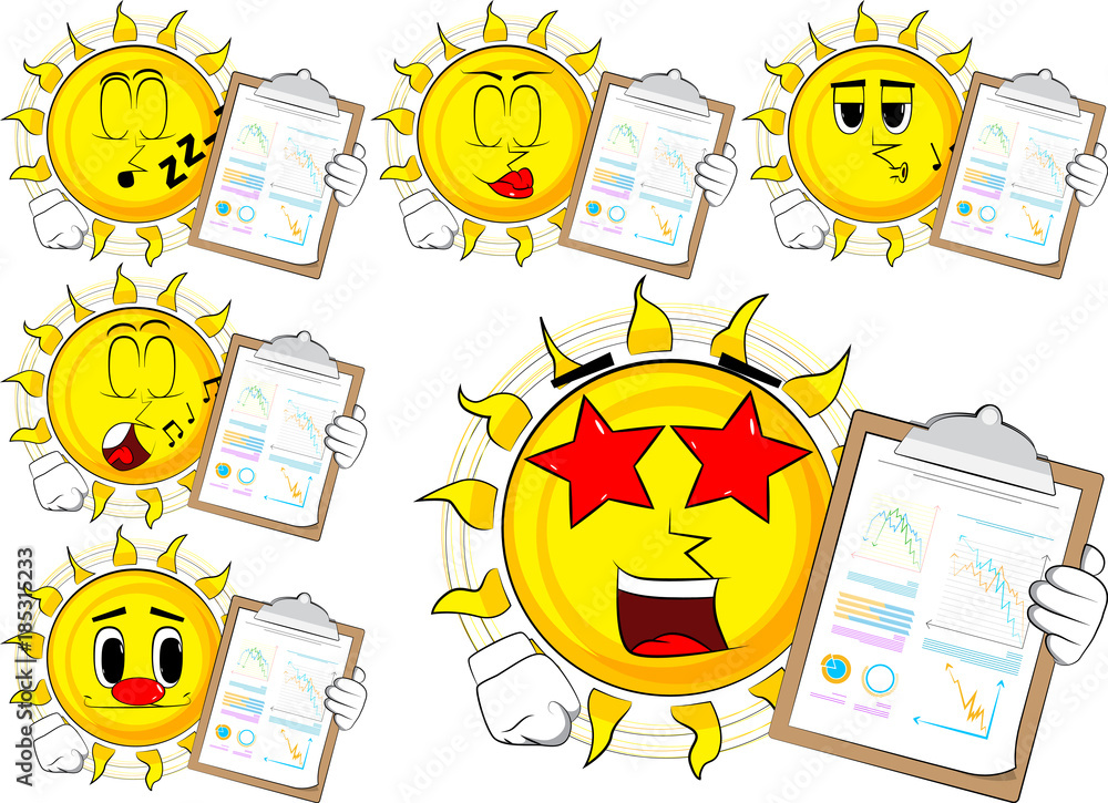 Cartoon sun shows finance report. Collection with various facial ...