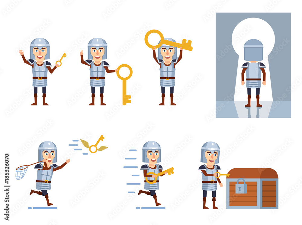Set of knight characters posing with keys. Cheerful knight holding ...