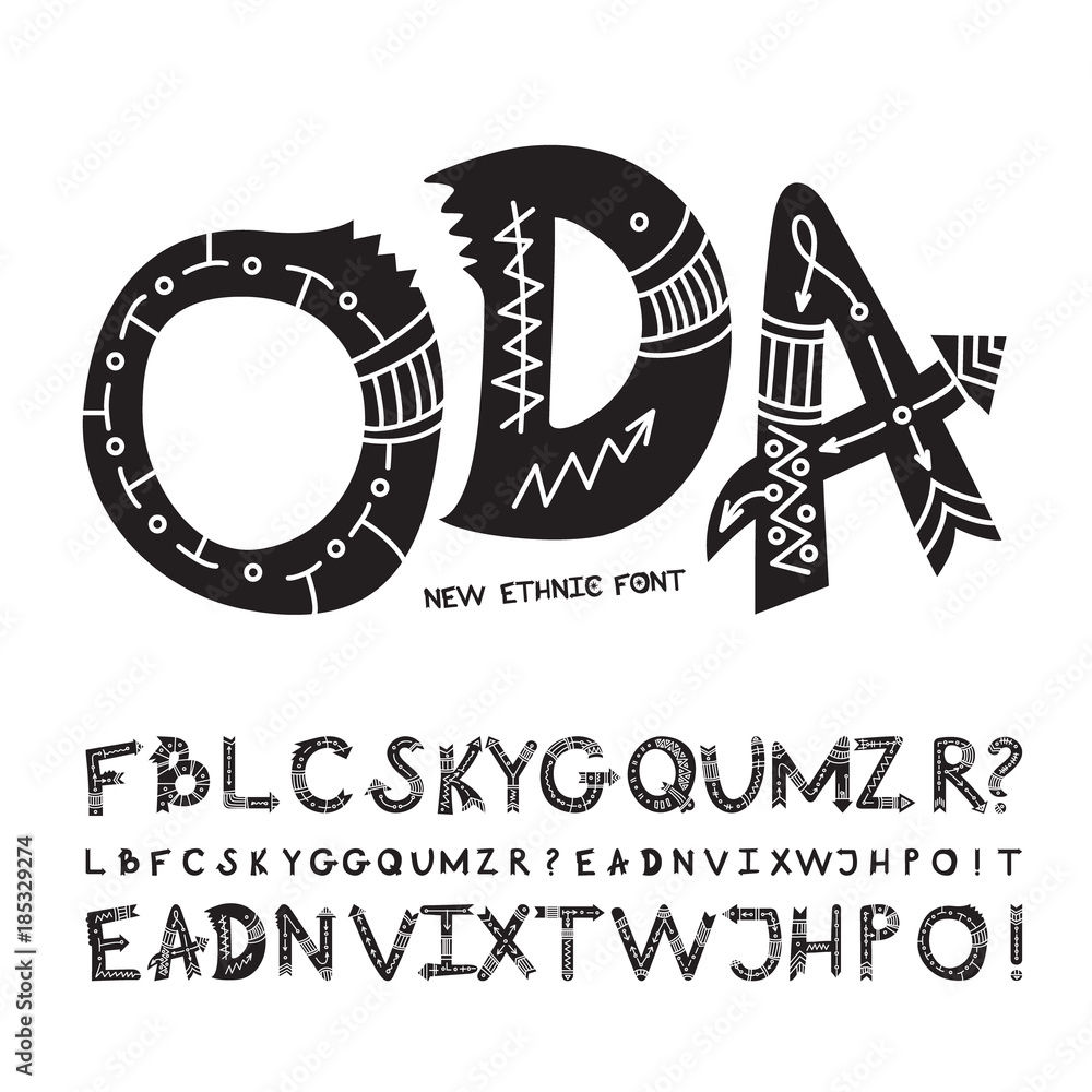 Hand-drawn font, alphabet made in vector. The alphabet with ethnic ...