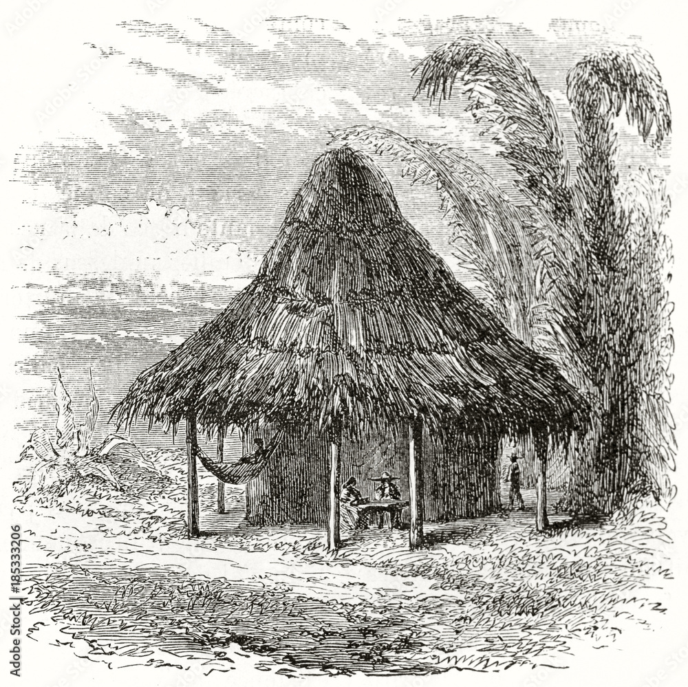 Ancient Mexican indio hut in the nature. Created in a rough engraving ...
