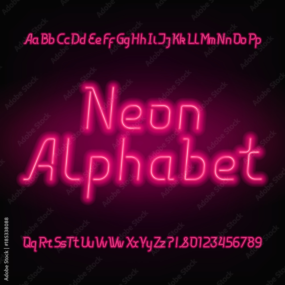 Neon alphabet font. Glowing uppercase and lowercase letters and numbers ...