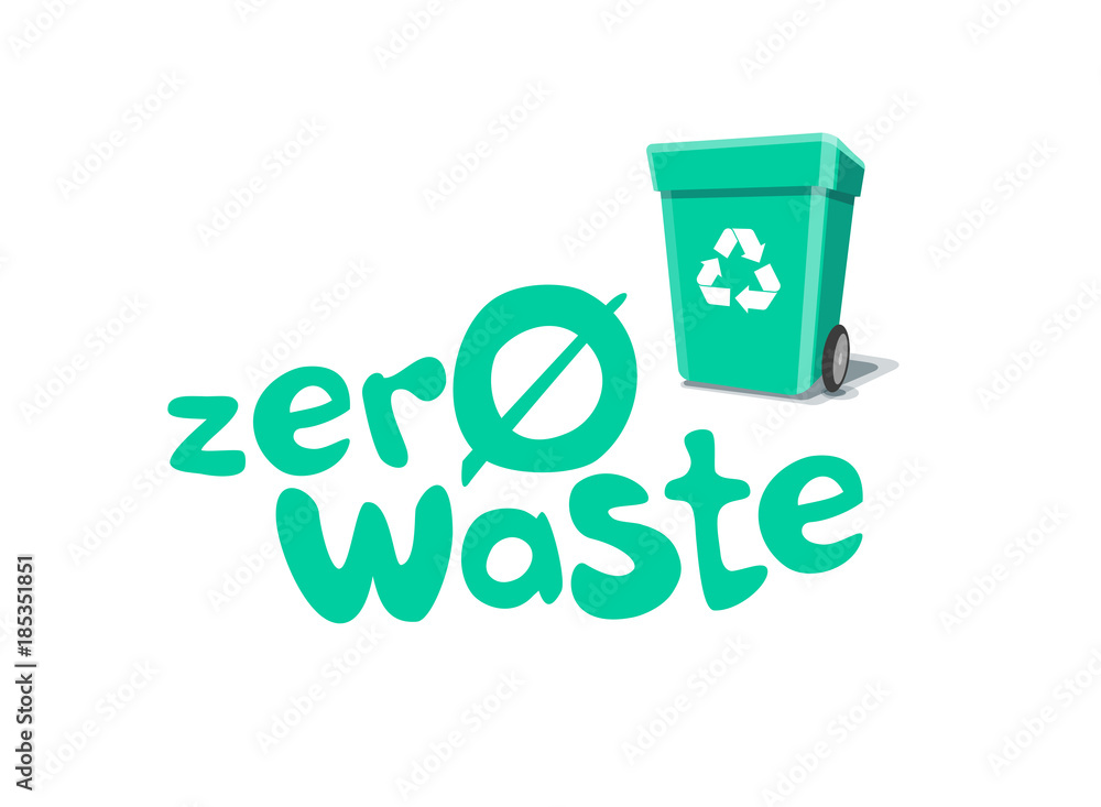 Zero waste handwritten text sticker with green trash can with recycling ...