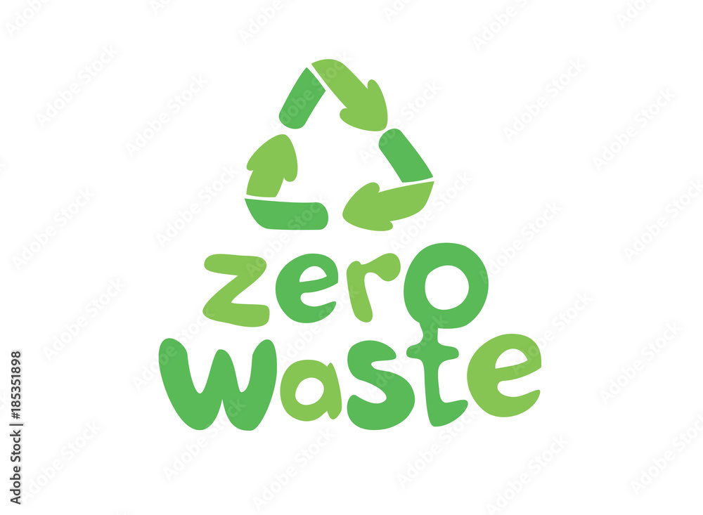 Zero waste handwritten text with green recycling sign isolated on white ...