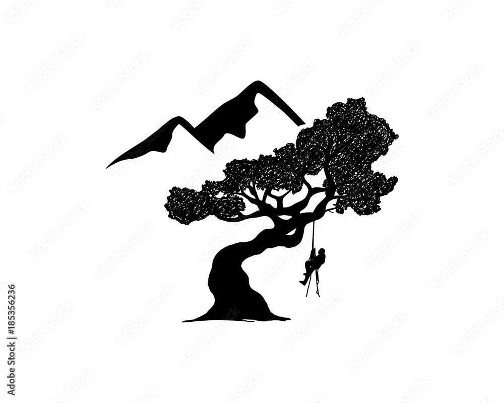 Climbing on the Tree with Mountain Hand Drawing Logo Vector Stock ...
