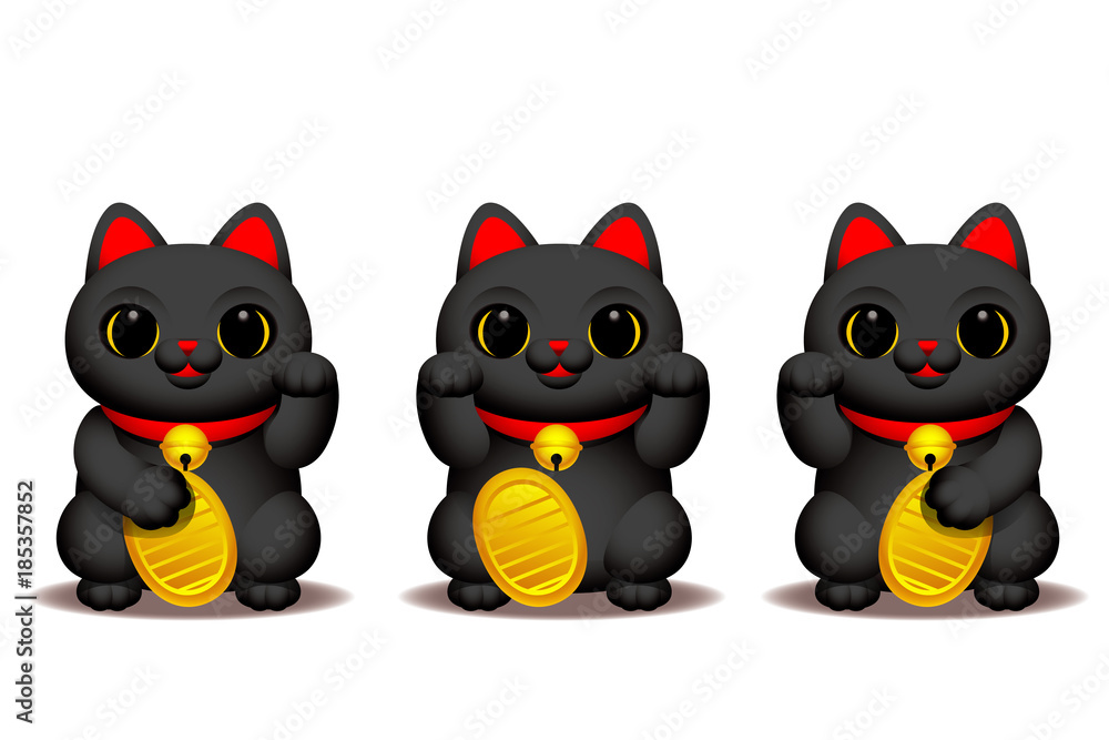 Vector cute black Maneki-neko, lucky cat character with golden coin ...