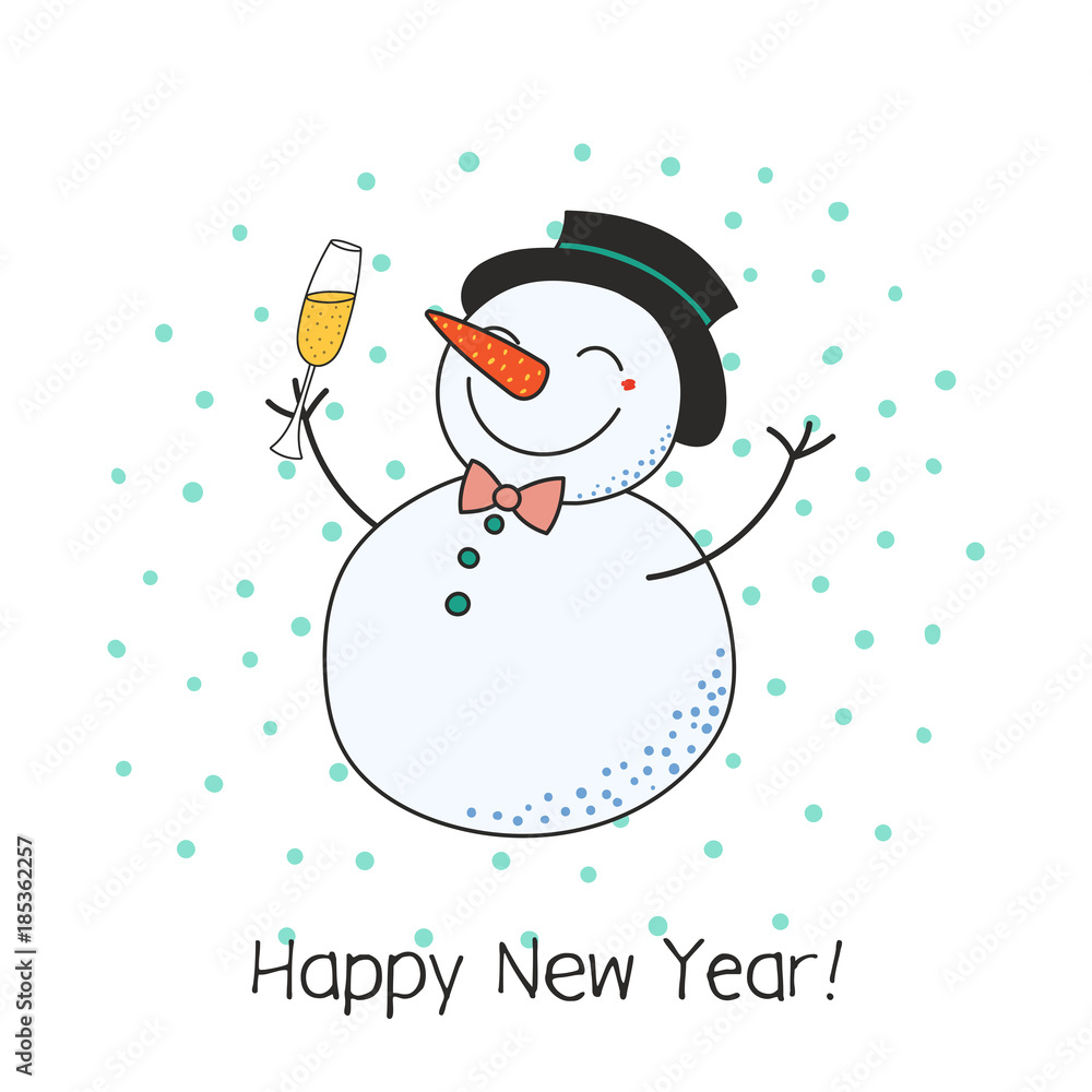 Hand drawn Happy New Year greeting card with cute funny cartoon snowman ...