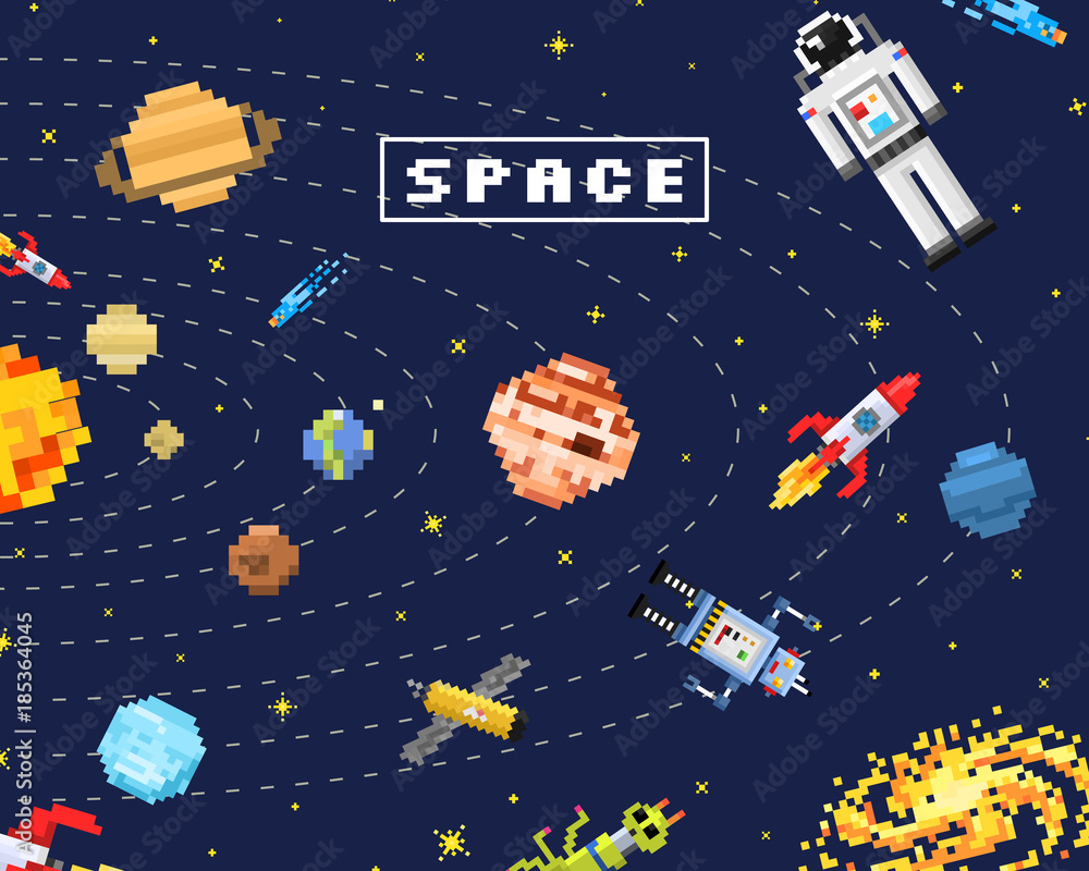 space background, alien spaceman, robot rocket and satellite cubes ...