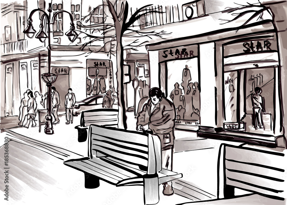 City sketch vector by pedestrian street life big town. Shop windows in ...