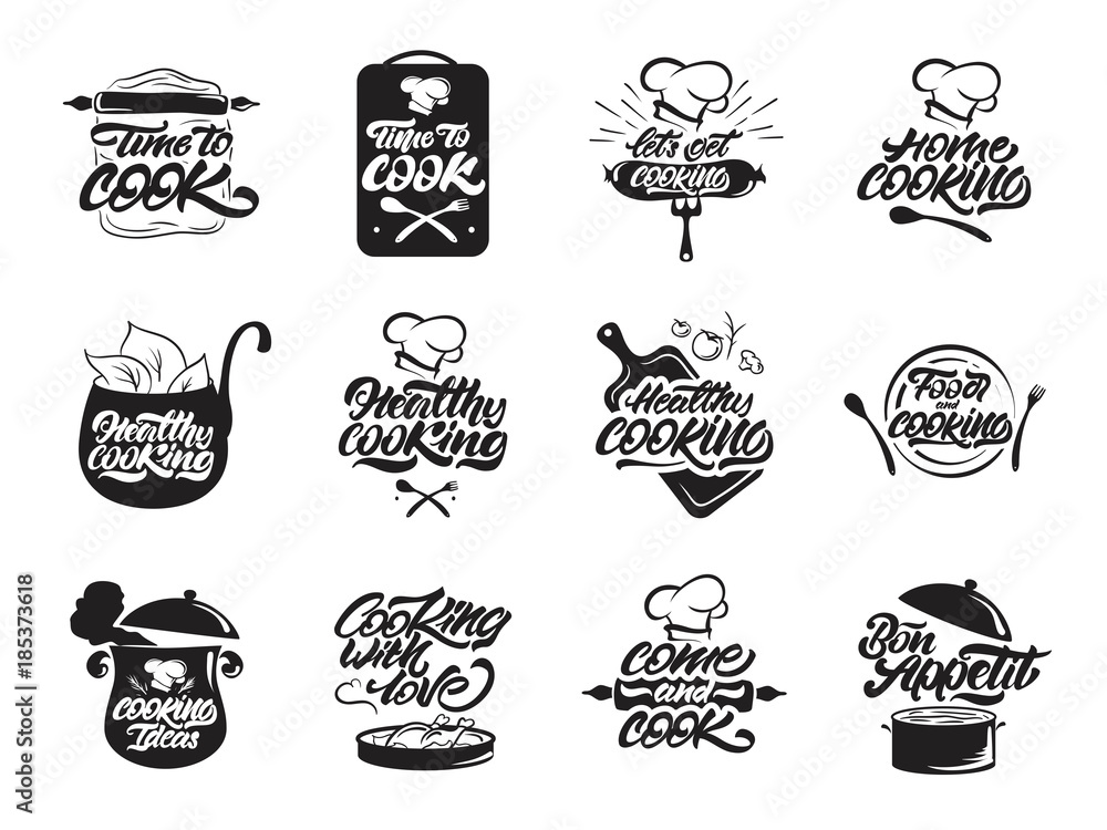 Cooking logos set. Healthy cooking. Bon appetit. Cooking idea. Cook ...