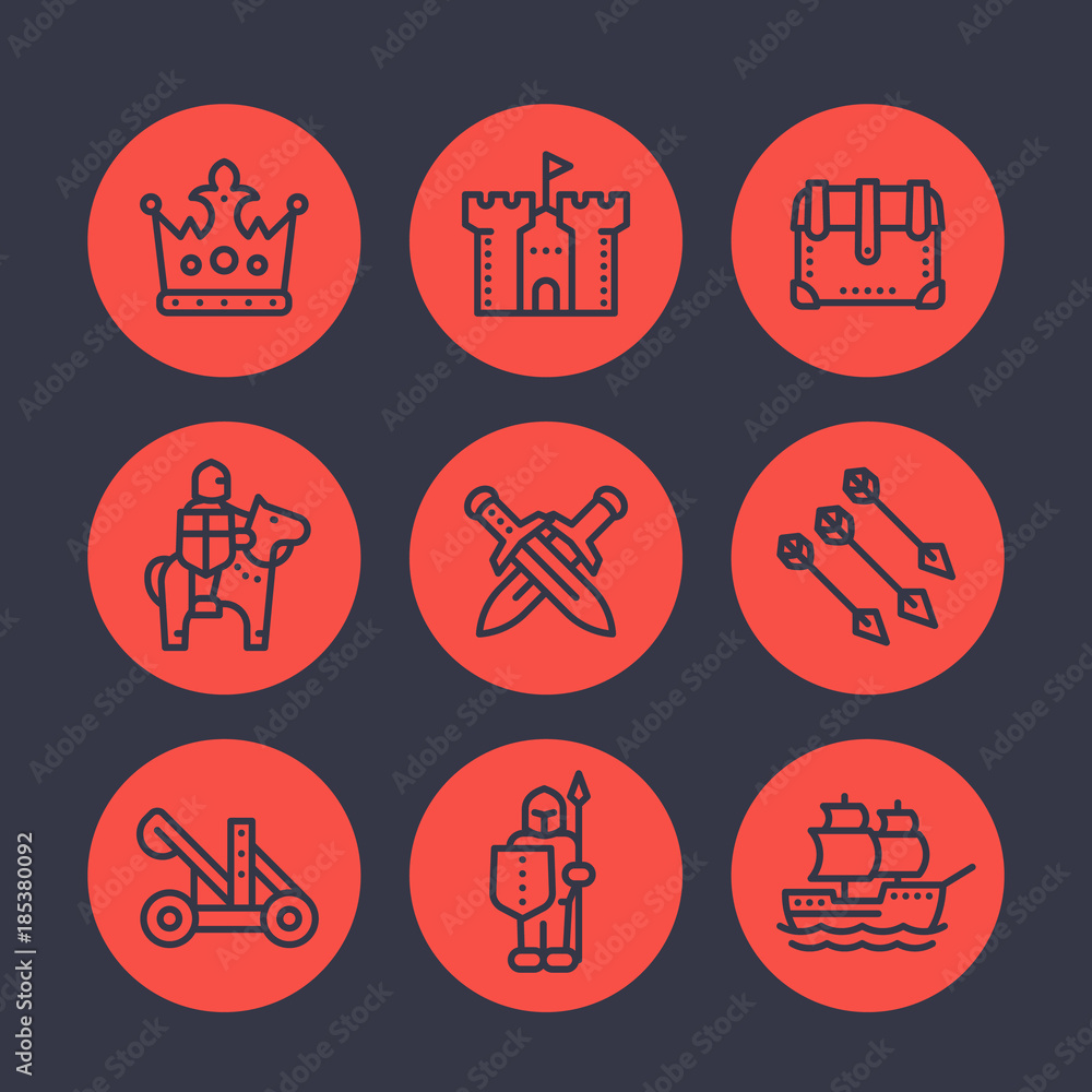 medieval war line icons set, knight, spearman, arrows, crown, castle ...