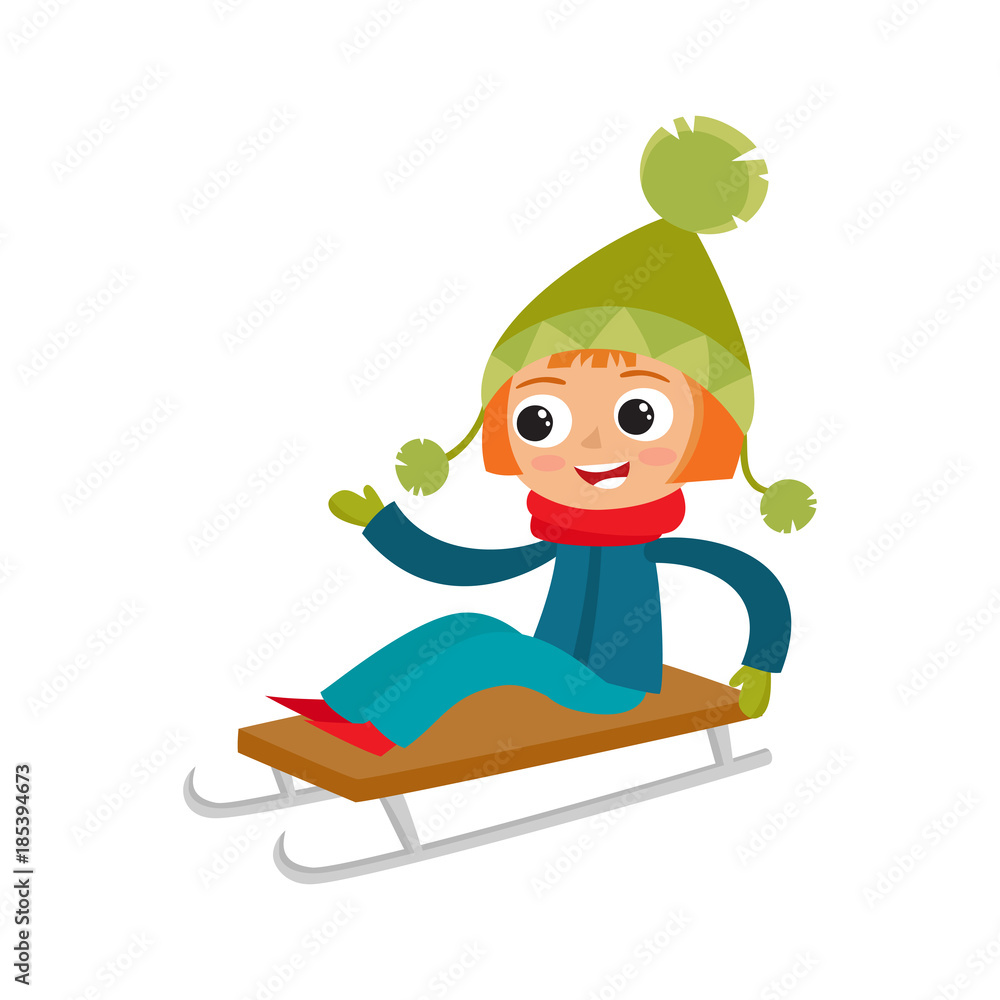 Cartoon teenaged girl on sledge, cartoon vector illustration Stock ...