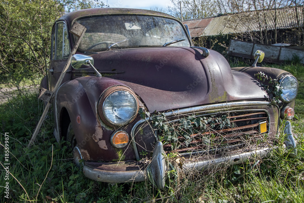 Abandoned scrap vintage car. Bygone historic classic motor vehicle ...