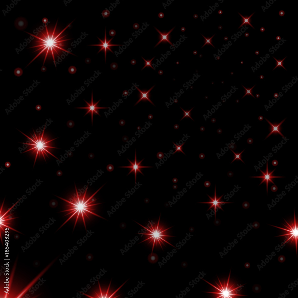 Red stars black night sky background. Abstract light glitter. Fantasy ...