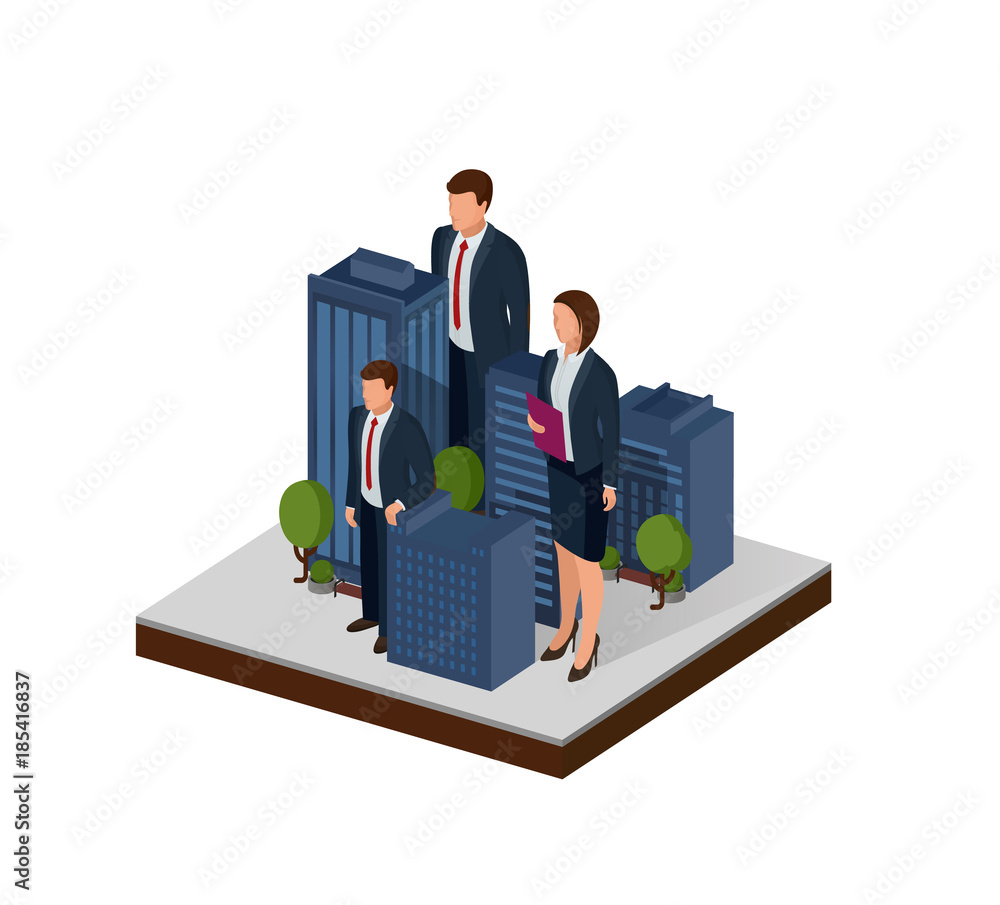 3d Isometric city icon. skyscraper model. with business figure of man ...