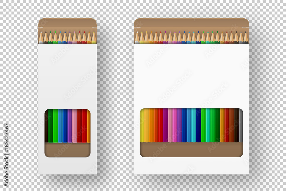 Vector realistic box of colored pencils icon set closeup isolated on ...
