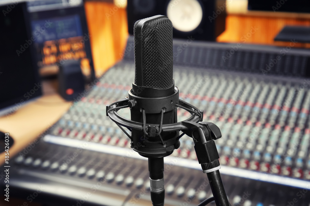 View of microphone in radio station Stock Photo | Adobe Stock