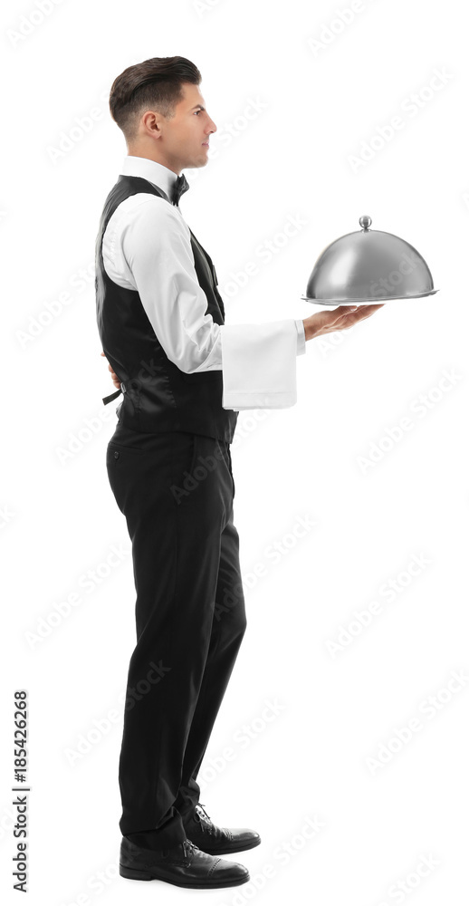 Waiter with metal tray and cloche on white background Stock Photo ...