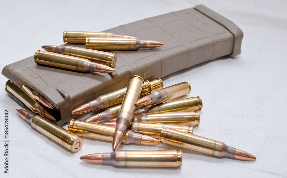 Several .223 caliber rounds and a loaded magazine on a white background ...