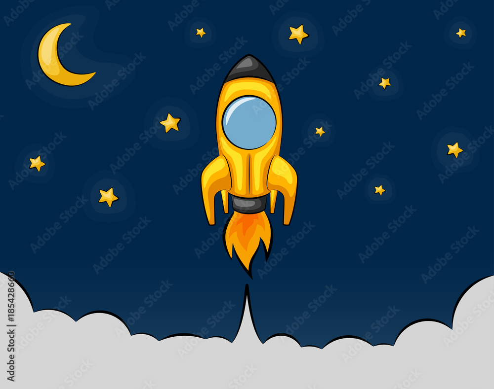 Cartoon rocket flying in the starry sky Stock Vector | Adobe Stock