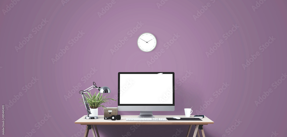 Computer display and office tools on desk. Desktop computer screen ...