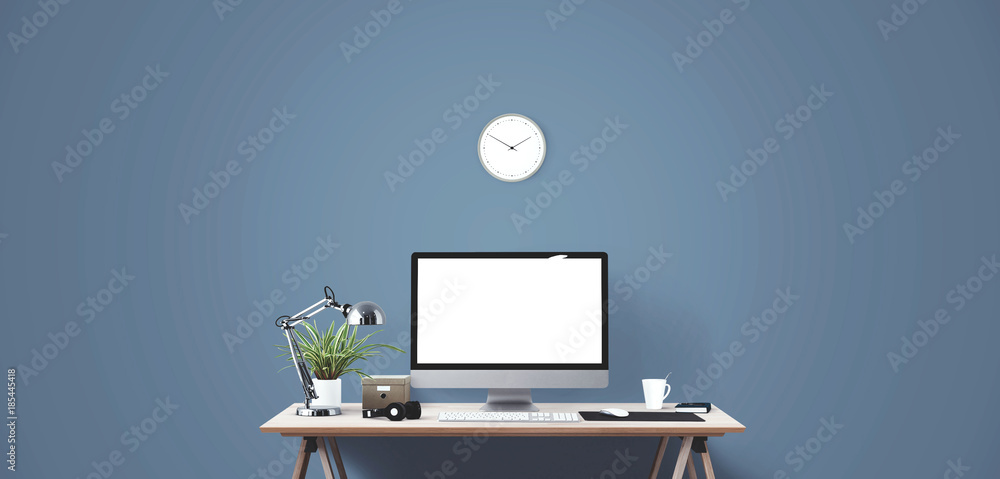 Computer display and office tools on desk. Desktop computer screen ...