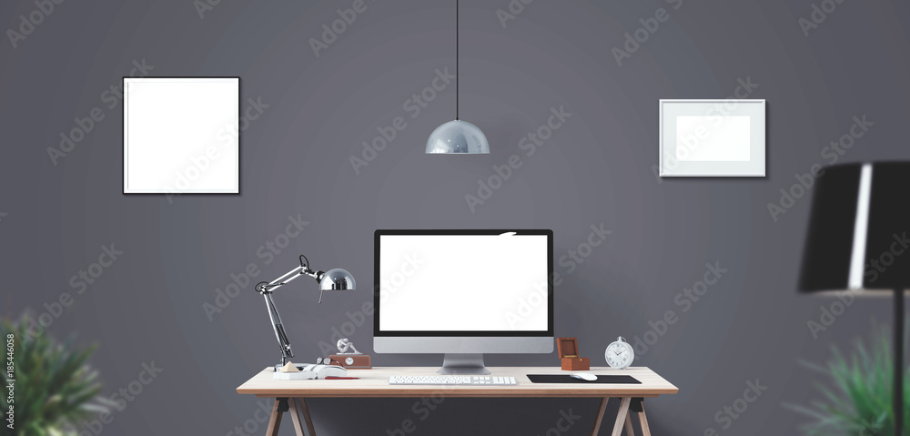 Computer display and office tools on desk. Desktop computer screen ...