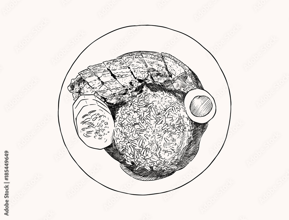 crispy pork belly rice .Top view hand draw sketch vector. Stock Vector ...