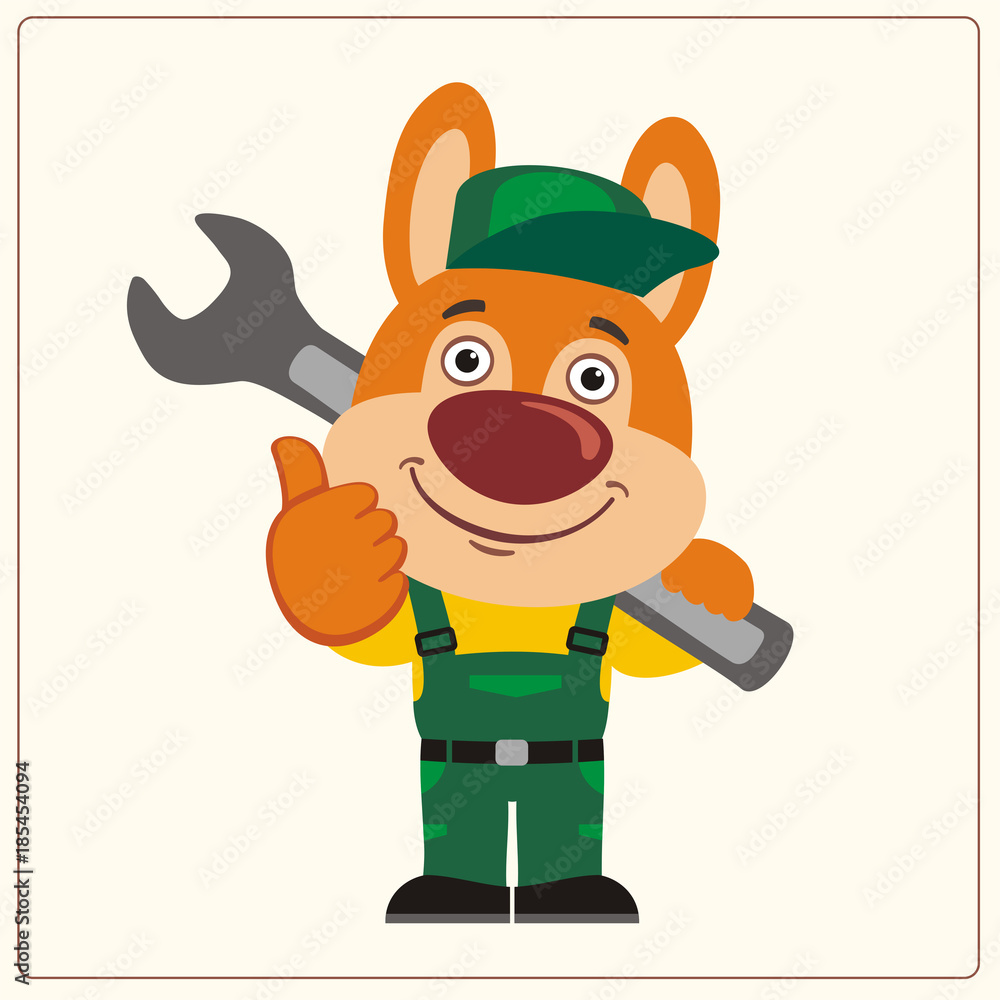 Funny rabbit wearing overalls with the large wrench on her shoulder ...