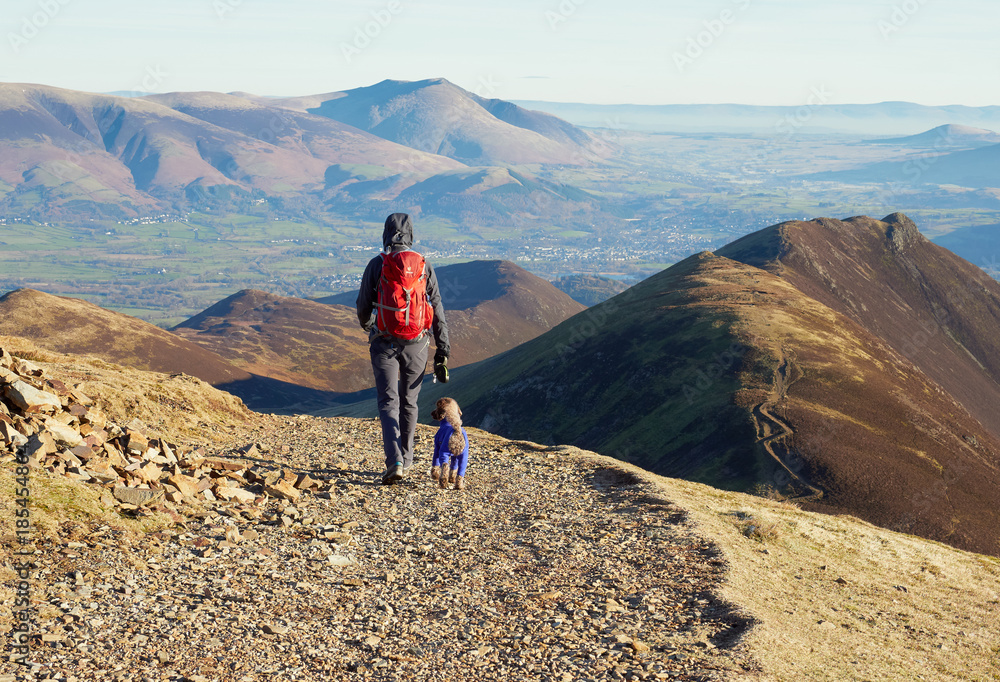 Foto de A hiker and their dog walking down the mountain ridge of Scar ...