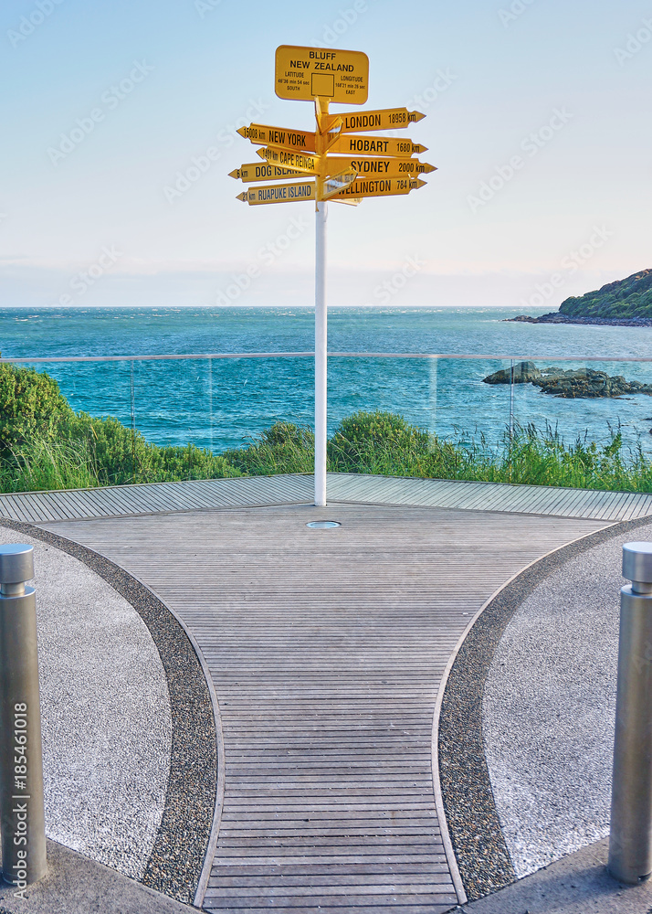 Signpost in the Stirling Point, Bluff, New Zealand. Most southern ...