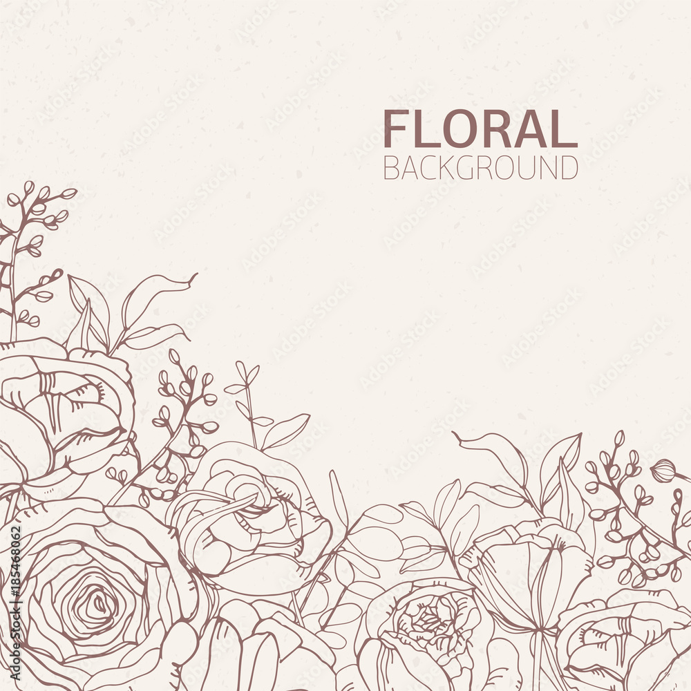 Floral square backdrop with gorgeous blooming rose flowers, leaves and ...