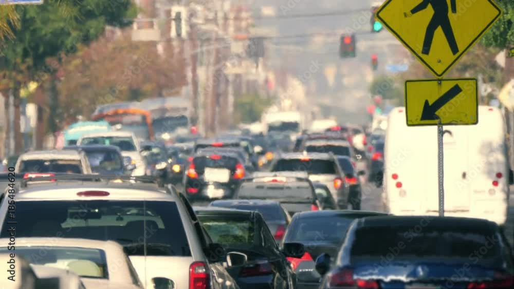 City street crowded cars in traffic jam hot day air turbulence Los ...