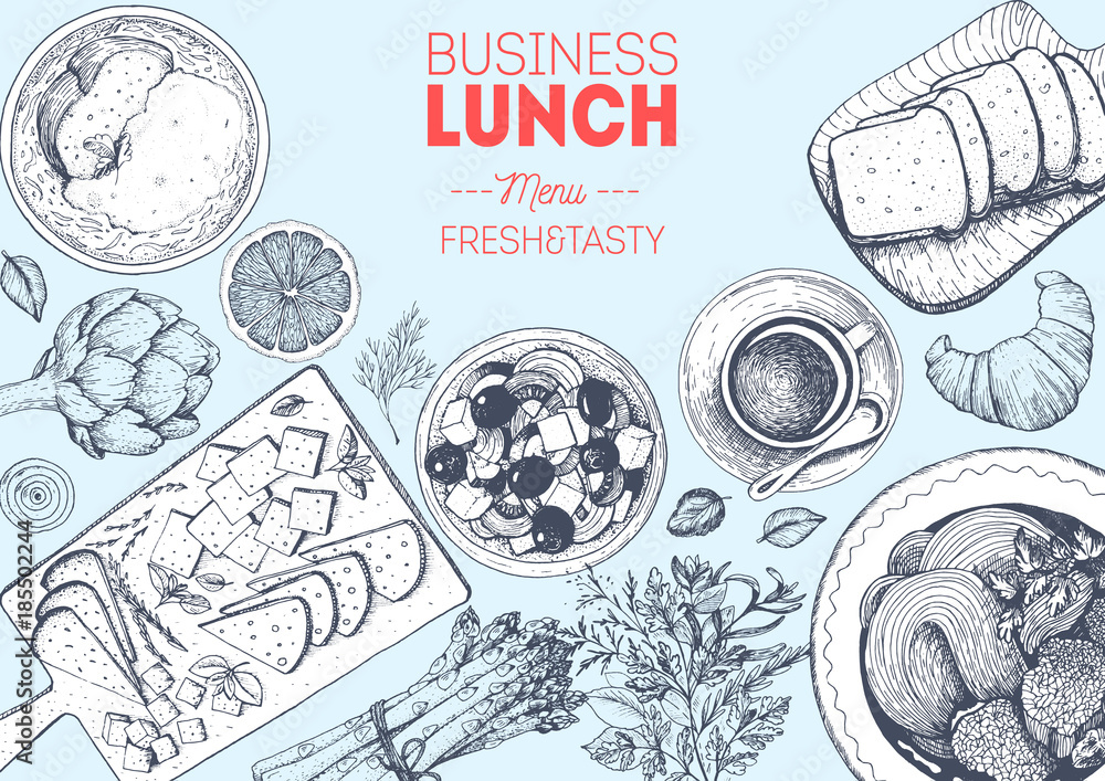 Business lunch top view frame. Food menu design. Vintage hand drawn ...