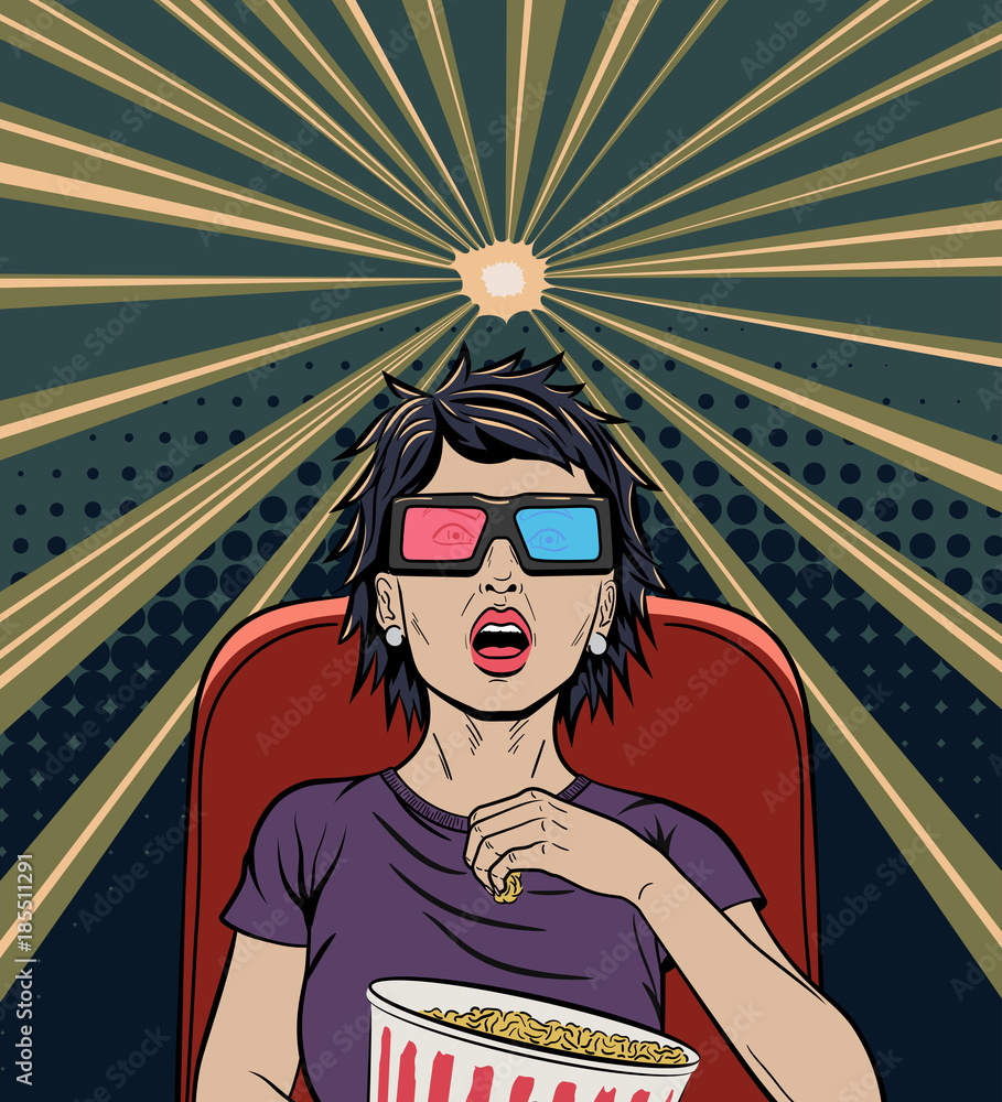 Woman Watching Movie Pop Art Poster Stock Vector | Adobe Stock