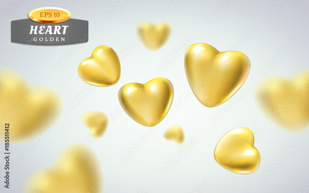 Golden realistic hearts isolated on light background. 3d vector ...
