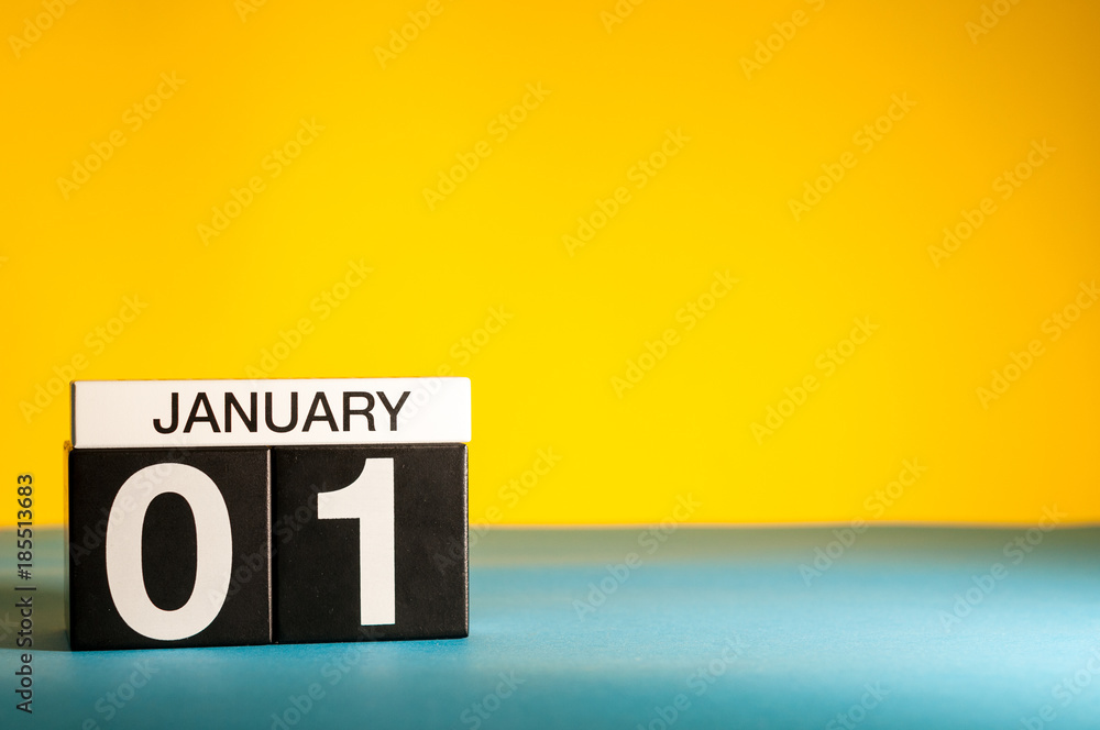 January 1st. Day 1 of january month, calendar on yellow background ...
