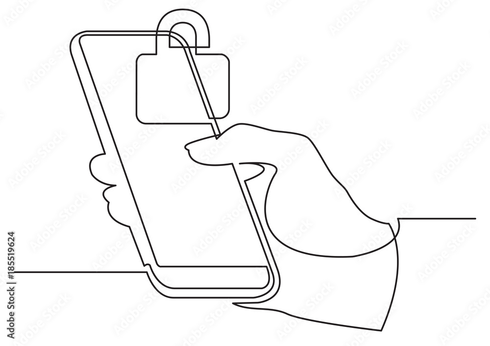 continuous line drawing of hand using modern mobile phone with security ...