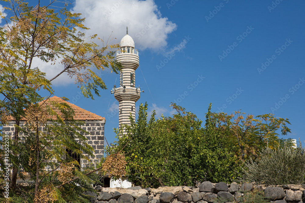 Mosque and building in the Circassian village of Kfar Kama in Israel ...