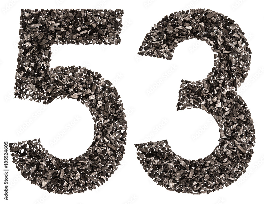 Arabic numeral 53, fifty three, from black a natural charcoal, isolated ...