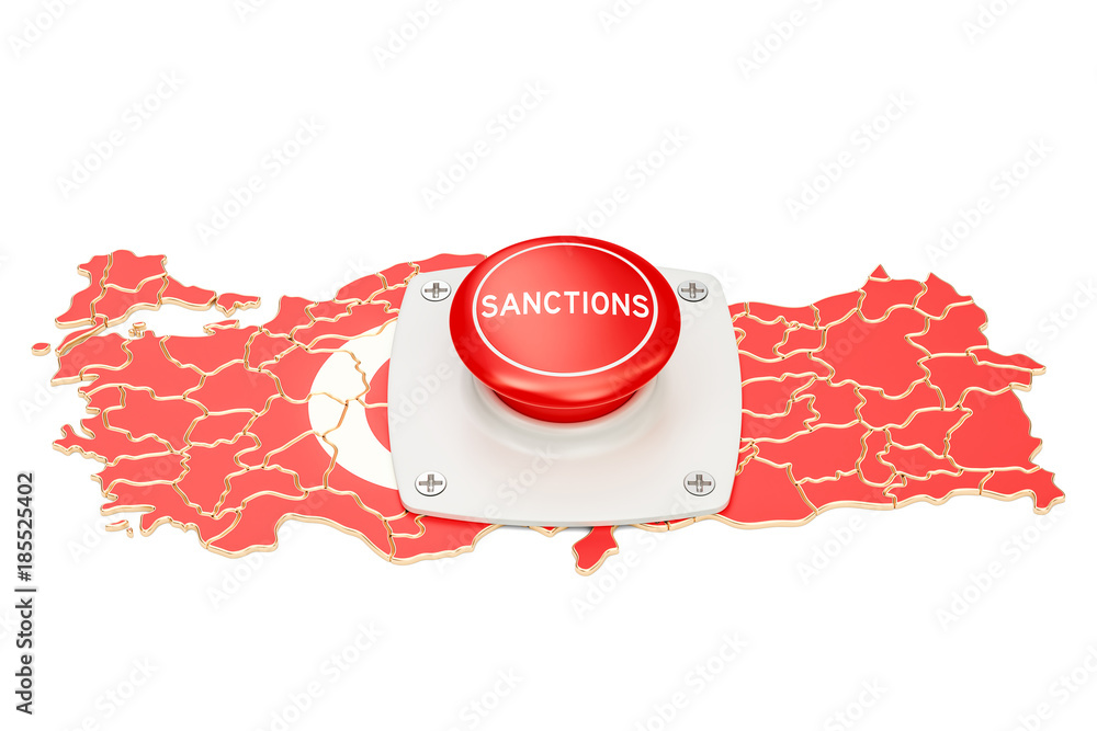 Sanctions button on map of Turkey, 3D rendering Stock Illustration ...