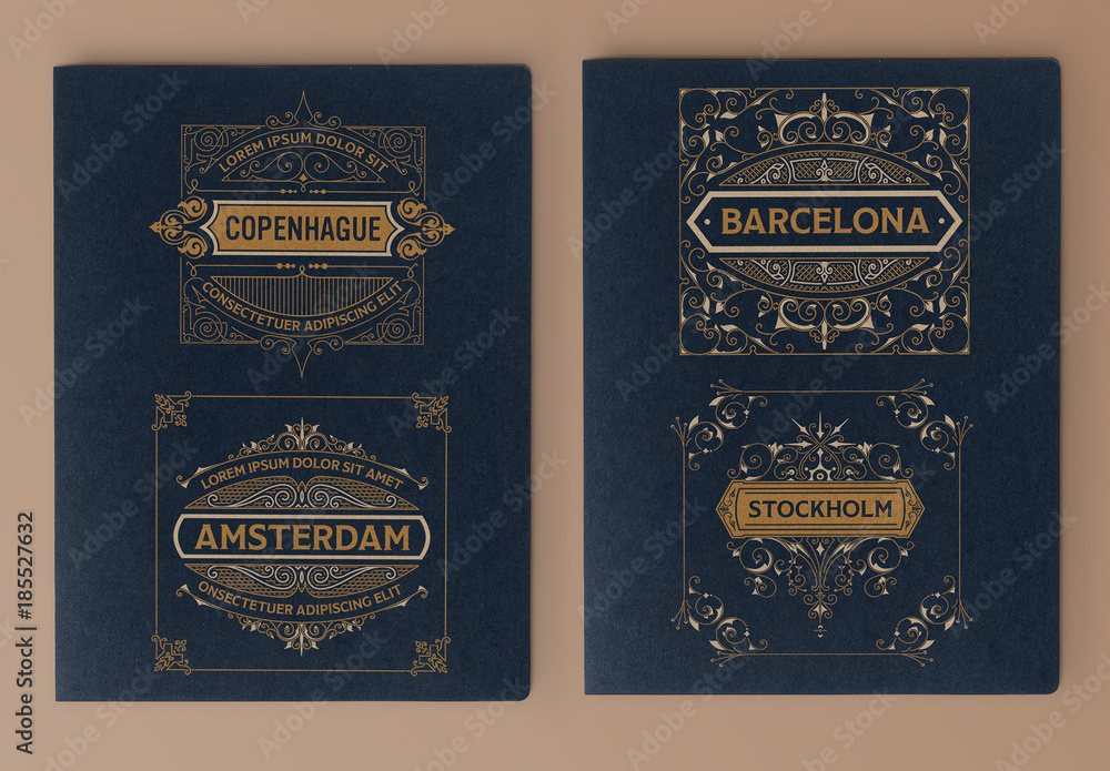 4 Vintage Labels in Blue and Gold Stock Template | Adobe Stock