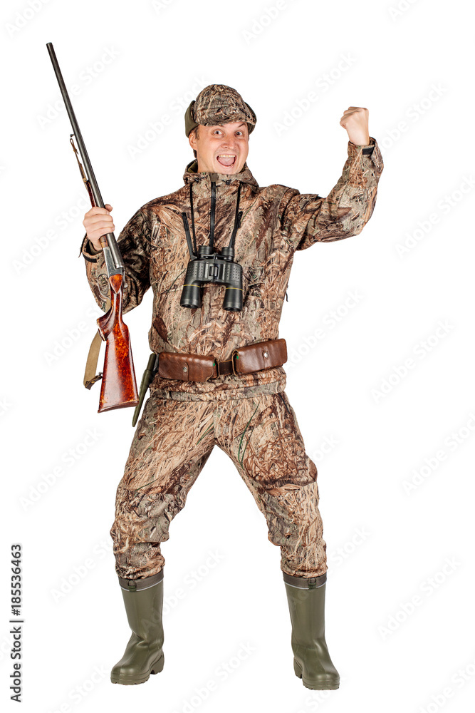 male hunter with double barreled shotgun Isolated on white background ...
