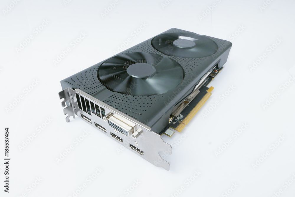 Powerful graphics card with spinning fans of cooling system isolated on ...